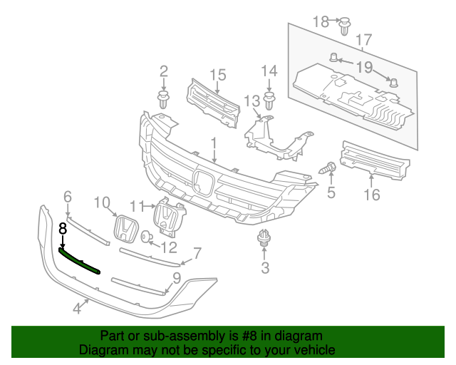 71124-T2F-A01 - Bar R Front Grille Molding (B) - 2013-2015 Honda Accord ...