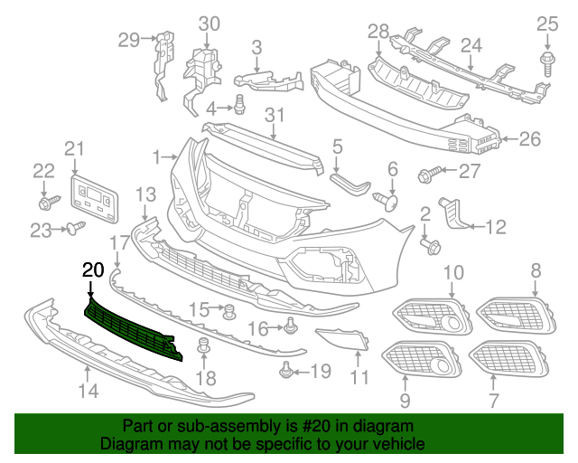 71107-TGG-A50 - Mesh Front Bumper (Lower) - 2017-2019 Honda Civic ...