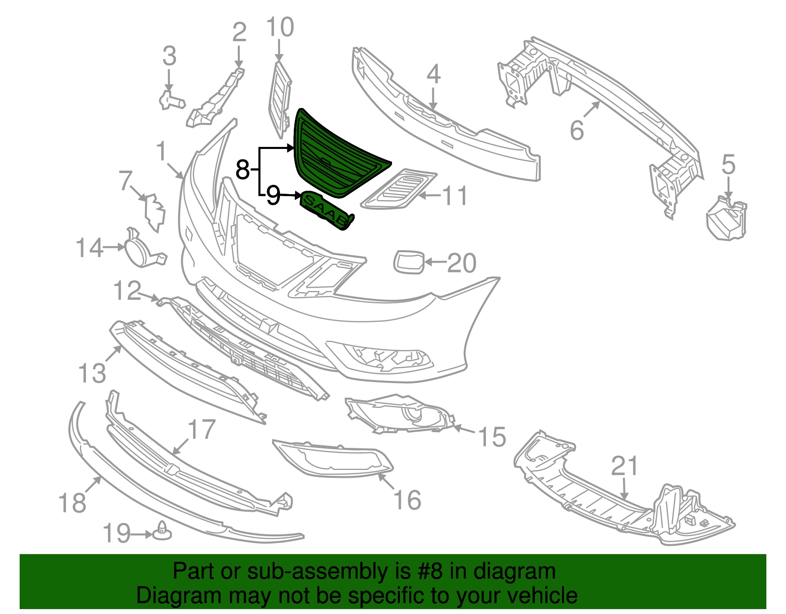 Genuine Bumper Radiator Grille for 2008-2011 Saab | Part# 12824618 ...