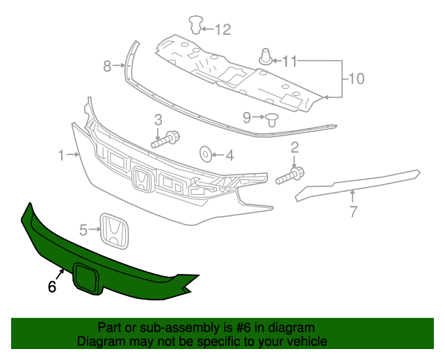 71125-TBA-A01 - Molding Front Grille Center - 2016-2019 Honda Civic ...