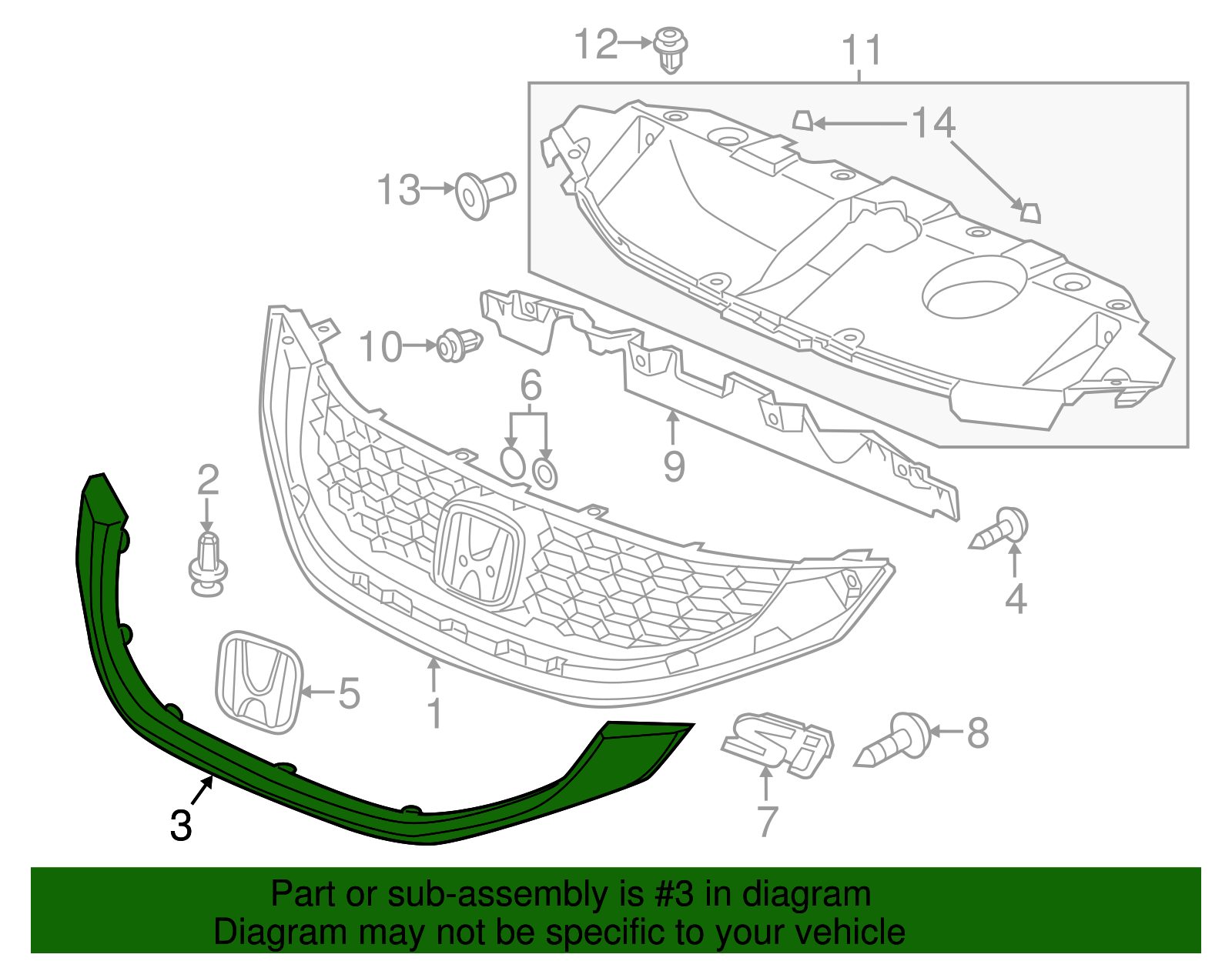 71122-TR3-A01 - 2013-2015 Honda Civic - Molding Front Grille | Genuine ...
