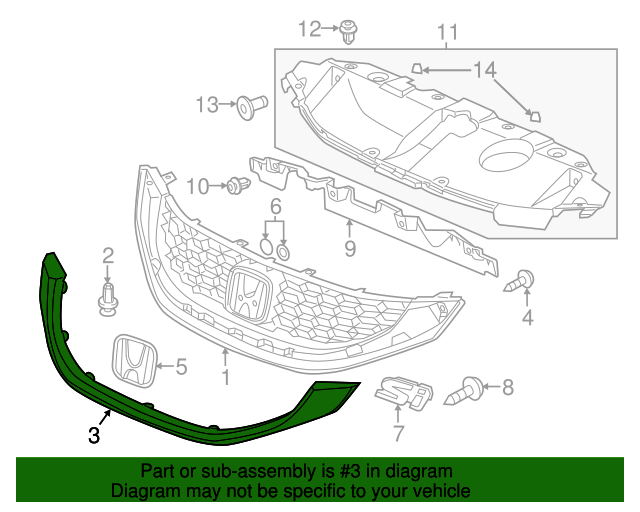 71122-TR7-A51 - Molding, Front Grille - 2013-2015 Honda Civic | Honda ...