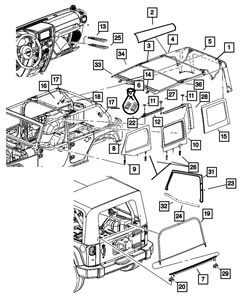 68049280AA - Header & Front Side Bow Assembly Header Kit 2007-2009 Jeep ...
